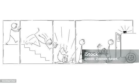 벡터 만화 만화 스트립 또는 기술 중독 남자의 일러스트 는 거리에서 걷고 계단에서 떨어지는 동안 휴대 전화를 사용하여 가공의 인물에 대한 스톡 벡터 아트 및 기타 이미지
