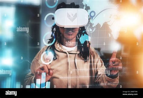 Virtual Reality Pointing Or Woman With Global Data For Vr Elearning Globalization Or Future