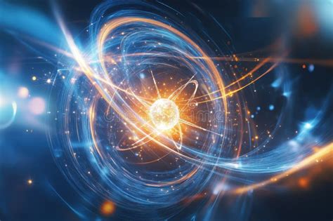 Stunning Depiction Of Atomic Structure With Glowing Particles And Swirling Energy Waves Stock