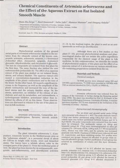 Pdf Chemical Constituents Of Artemisia Arborescens And The Effect Of The Aqueous Extract On