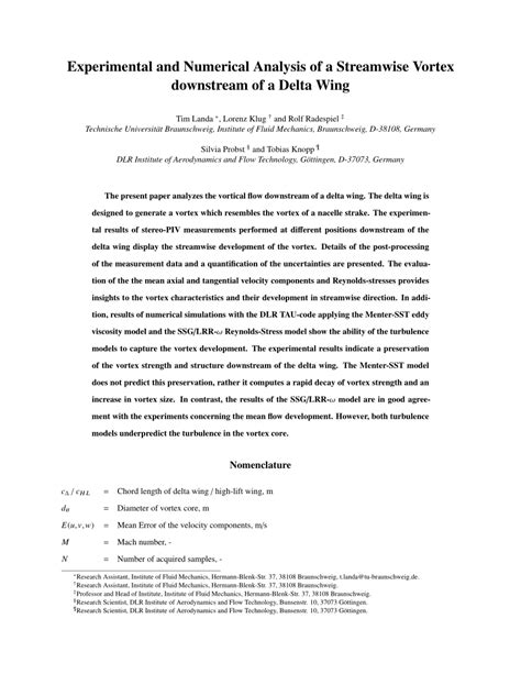 Pdf Experimental And Numerical Analysis Of A Streamwise Vortex
