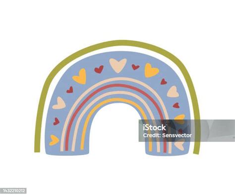 레인보우 만화 어린애 같은 그림 플랫 스타일의 벡터 꽃이 피는 심장과 꽃 식물의 개화와 번성 밝은 태양과 비 비오는 날씨 고풍스런에 대한 스톡 벡터 아트 및 기타 이미지