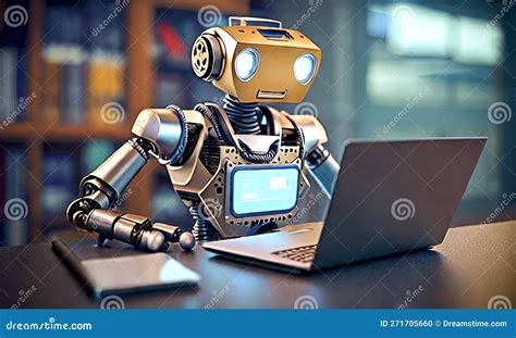 Robot Sits At A Table With Laptops In A Library Working Robot On The