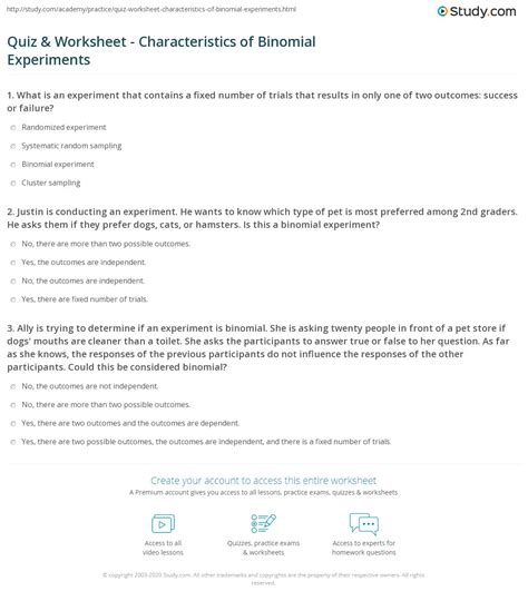Quiz Worksheet Characteristics Of Binomial Experiments Study Com