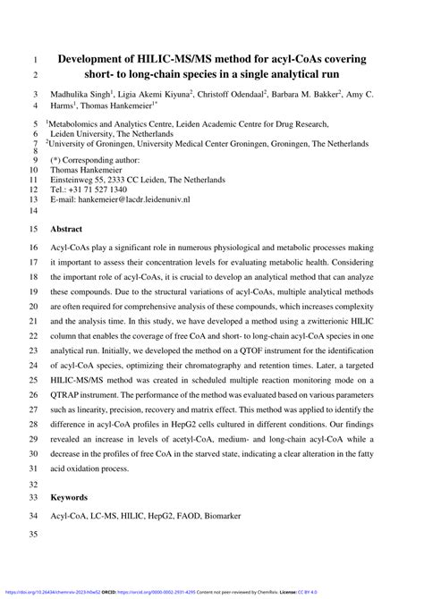 Pdf Development Of Hilic Msms Method For Acyl Coas Covering Short