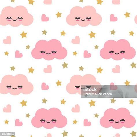귀여운 사랑스러운 만화 핑크 구름 원활한 벡터 패턴 배경 일러스트 와 마음과 금별 0명에 대한 스톡 벡터 아트 및 기타 이미지 0명 구름 귀여운 Istock