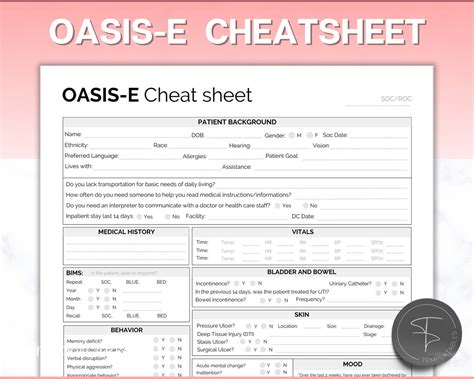 Oasis E Cheatsheet Oasis Home Health Nurse Template Nurse Report