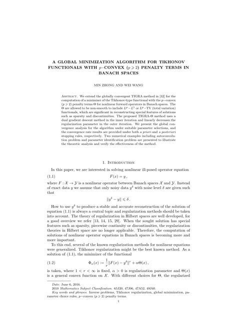 Pdf A Global Minimization Algorithm For Tikhonov Functionals With P Convex P2 Penalty