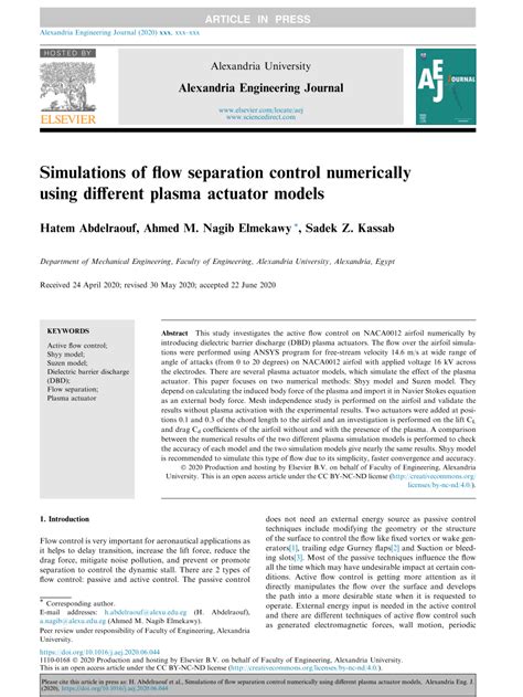 Pdf Simulations Of Flow Separation Control Numerically Using Different Plasma Actuator Models