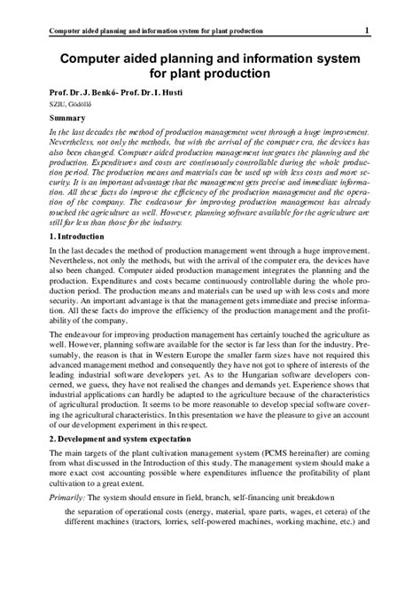 Pdf Computer Aided Planning And Information System Development In Plant Cultivation