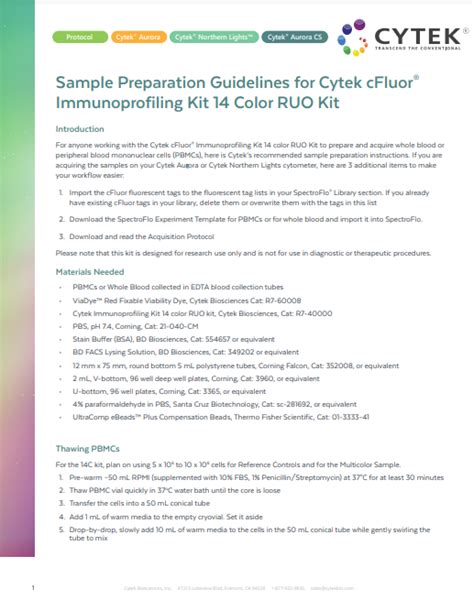 Sample Preparation Guidelines For Cytek Cfluor® Immunoprofiling Kit 14