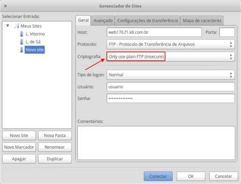 conexão ftp via filezilla sem encriptação tls central de ajuda
