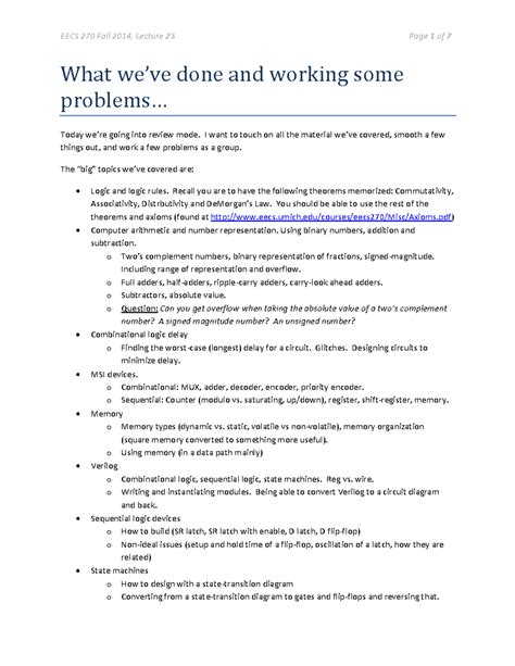 Introduction To Logic Design Eecs 270 20142015 Lecture Notes Lecture 25 Eecs 270 Fall 2014