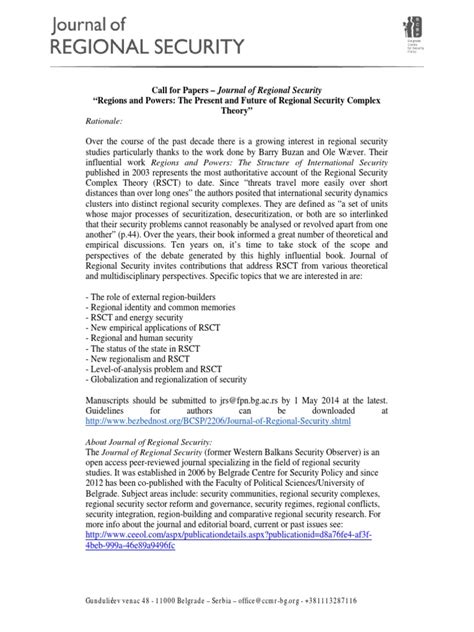 Call For Papers Journal Of Regional Security Regions And Powers The Present And Future Of
