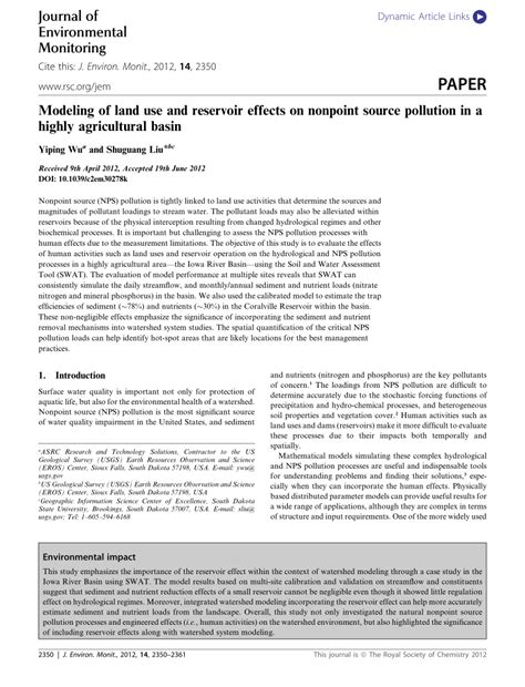 Pdf Modeling Of Land Use And Reservoir Effects On Nonpoint Source Pollution In A Highly