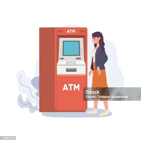 현금 돈을 지불하거나 인출하기 위해 Atm을 사용하는 여성 자동 기계 근처에서 기다리고 모니터를보고있는 여성 벡터 일러스트 레이 션 교환에 대한 스톡 벡터 아트 및 기타