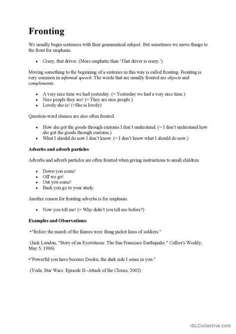 Sentence Structure Fronting English Esl Worksheets Pdf And Doc