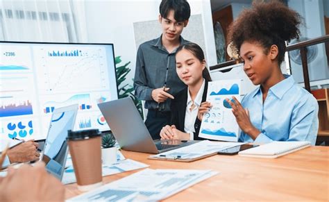 Premium Photo Multiracial Analyst Team Use Bi Dashboard For Data