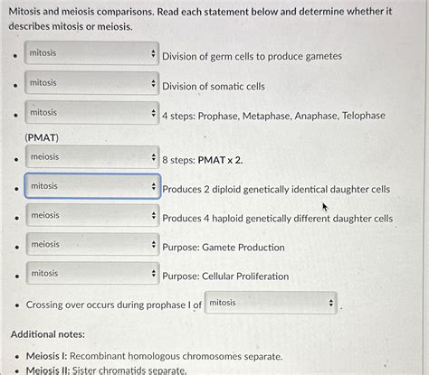 solved mitosis and meiosis comparisons read each statement