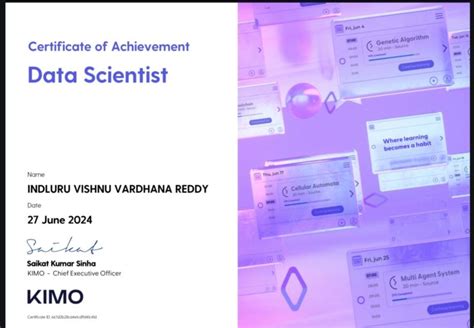 Indluru Vishnu Vardhana Reddy On Linkedin Datascience Certification Kimo Careergrowth