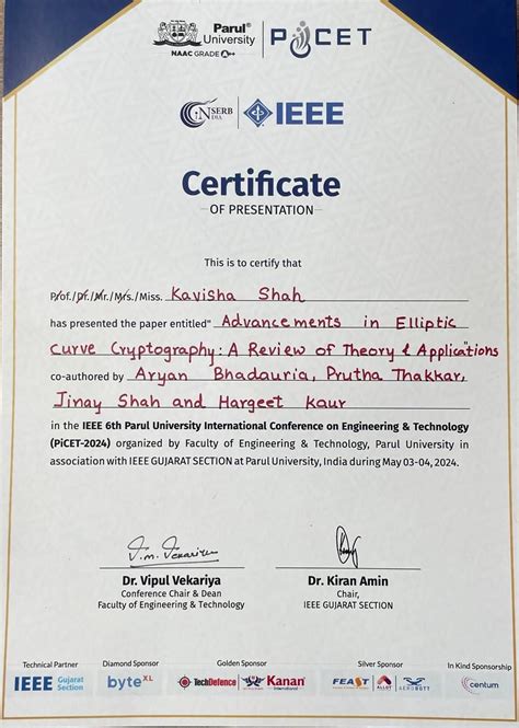 Kavisha Shah On Linkedin Picet2024 Ellipticcurvecryptography Cryptography Ieee Research