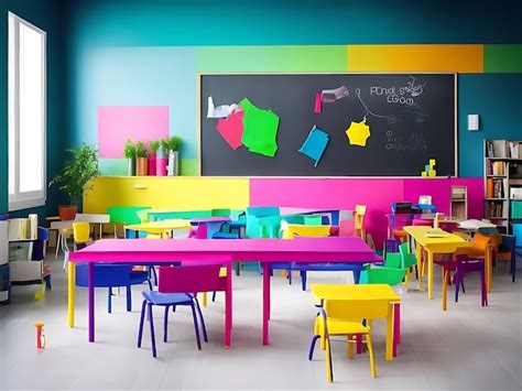 Premium Ai Image Back To School Classrooms Chairs And Table Colorful Background Ai Generated