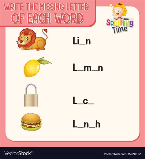 Write Missing Letter Each Word Worksheet Vector Image