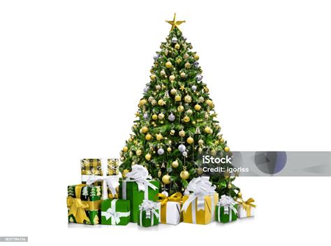 금색과 은색 전나무로 장식되어 있으며 흰색에 분리 된 선물이 있습니다 0명에 대한 스톡 사진 및 기타 이미지 0명 12월 겨울 Istock