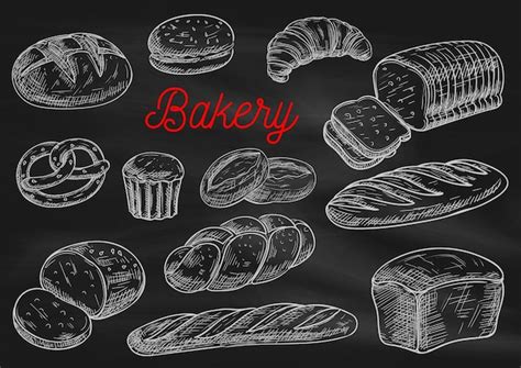 베이커리 제품 분필 칠판에 스케치 프리미엄 벡터
