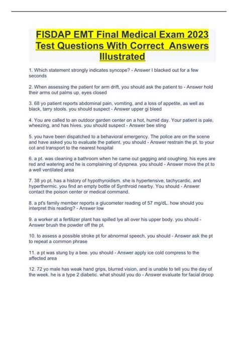 FISDAP EMT Final Medical Exam Test Questions With Correct Answers Illustrated EMT FISDAP
