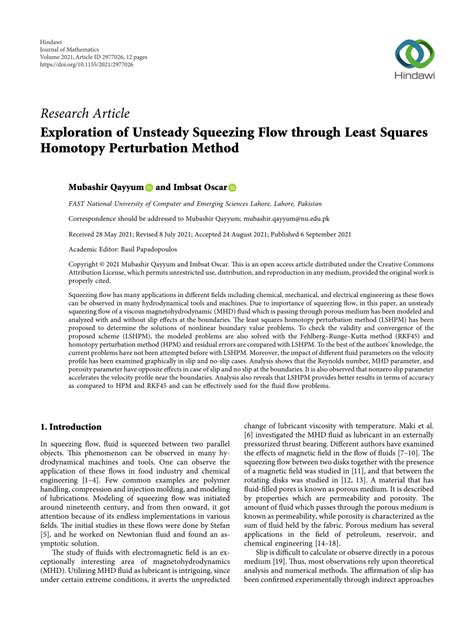 Pdf Exploration Of Unsteady Squeezing Flow Through Least Squares Homotopy Perturbation Method
