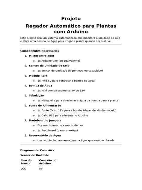 Projeto Regador Automático Para Plantas Com Arduíno Pdf Arduino