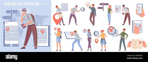 Conjunto plano de geolocalización con personas que usan mapas en línea y de papel aislado