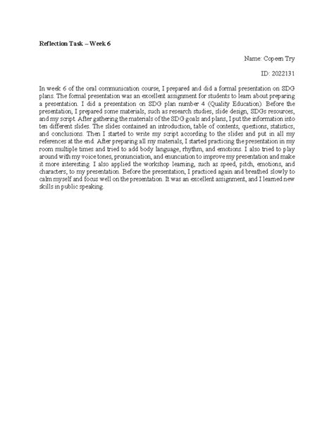 Reflection Task Week 6 Reflection Task Week 6 Name Copeen Try Id