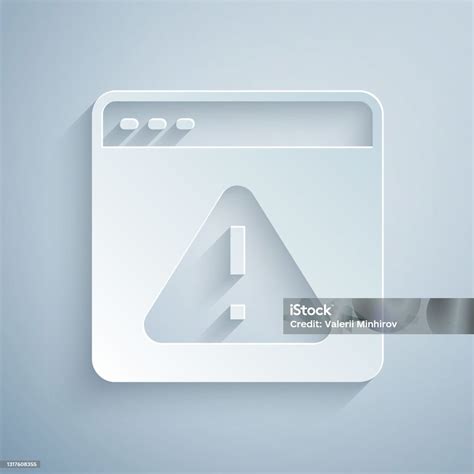 회색 배경에 격리된 느낌표 아이콘이 있는 용지 컷 브라우저입니다 경고 메시지 스마트 폰 알림 종이 아트 스타일 벡터 3차원 형태에 대한 스톡 벡터 아트 및 기타 이미지