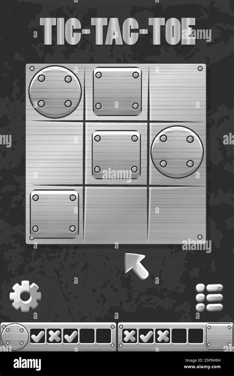 Tic Tac Toe Metal Style Ui Game With Cursor Arrow Vector Cartoon