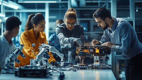 Engineers Collaborating On Robotics Project In High Tech Laboratory Stock Illustration