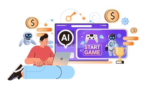 Premium Vector Man Playing Computer Video Games With Ai Helper Bot