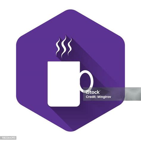 긴 그림자로 고립 된 화이트 커피 컵 플랫 아이콘 차 컵 뜨거운 음료 커피 보라색 육각 버튼 벡터 일러스트레이션 0명에 대한