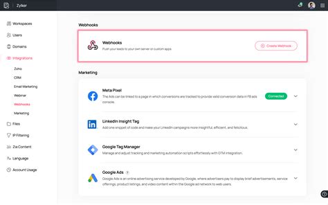 webhooks zoho landingpage user guide