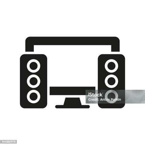 데스크탑 컴퓨터 및 음향 장비 글리프 픽토그램 스피커 실루엣 아이콘이 있는 Pc 개인 서버 하드웨어 및 음악 스피커 기호입니다