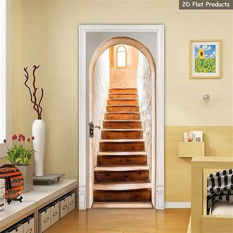 3d Optical Illusion Door Cover With 2d Flat Print Staircase Scene