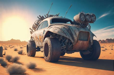 Premium Ai Image Landscape With Deteriorated And Rusty Custom Car In The Desert Mad Max Style