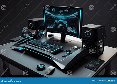 Gaming Desk With Sleek High Tech Computer And Accessories In Futuristic Setting Stock