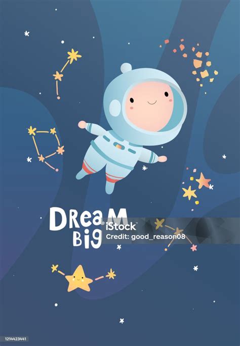 휴일 카드 디자인입니다 베이비 샤워 별 행성 재미있는 괴물과 혜성 사이에 열린 공간에서 주위에 떠있는 작은 우주 비행사 우주 비행사에 대한 스톡 벡터 아트 및 기타 이미지