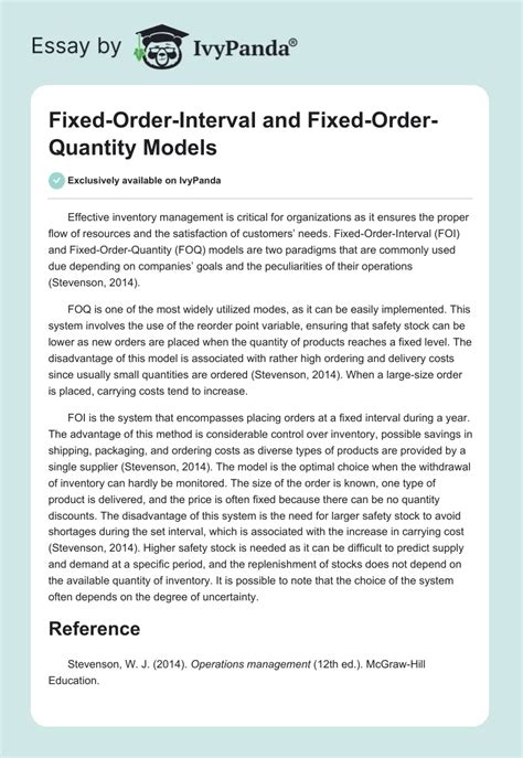 Fixed Order Interval And Fixed Order Quantity Models 294 Words Report Example