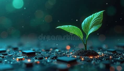 Seedling Sprouts From Circuit Board Tech Growth Green Leaves Represent Nature Ecology