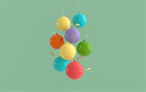 메리 크리스마스와 새해 복 야 3d 렌더링 일러스트 레이션 카드 다채로운 광택 크리스마스 공과 색종이 겨울 장식 최소한의 디자인