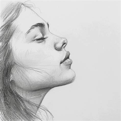 Pencil Drawing Woman Face Girl Looking Up Sketch Drawing From The