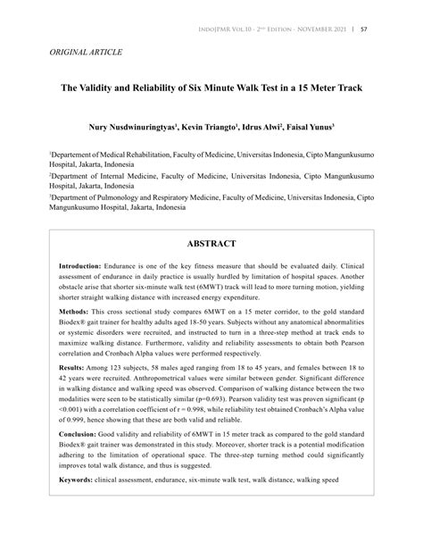 Pdf The Validity And Reliability Of Six Minute Walk Test In A 15 Meter Track